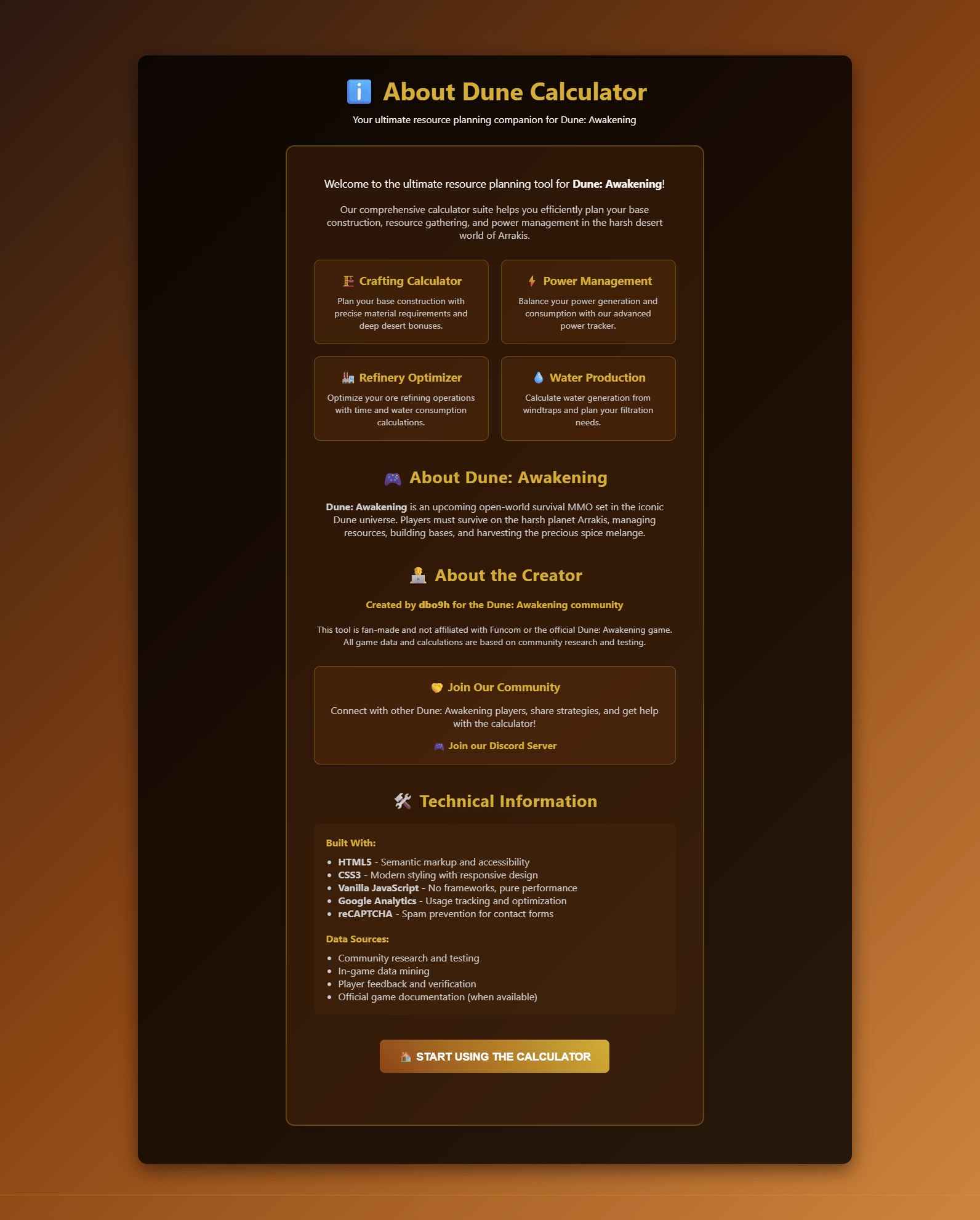 Dune: Awakening Calculator - Resource Planning Tool | Crafting, Power & Water Management